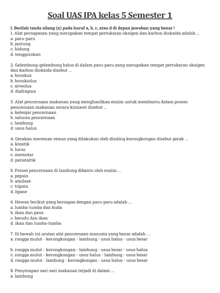 Latihan UAS IPA Kelas 5 SD Semester 1 Dan 2 Dengan Kunci Jawaban | PDF