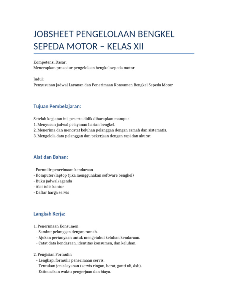 Jobsheet Pengelolaan Bengkel Kelas XII | PDF