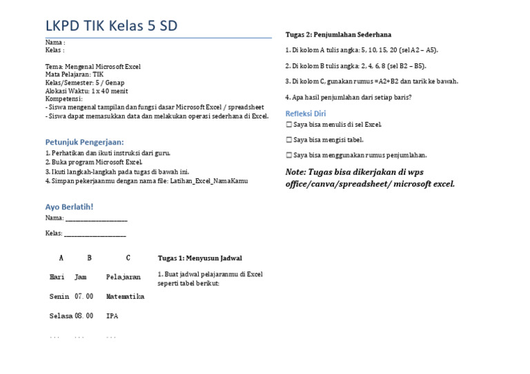 LKPD TIK Kelas 5 SD Excel | PDF