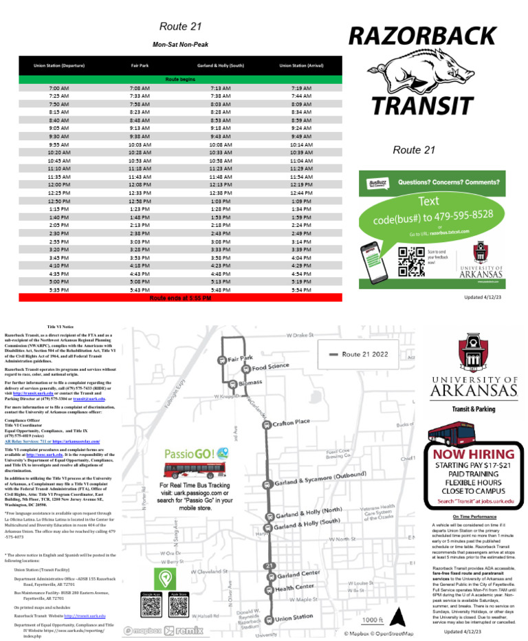 Route 21 Schedule for Razorback Transit | PDF | Public Transport ...