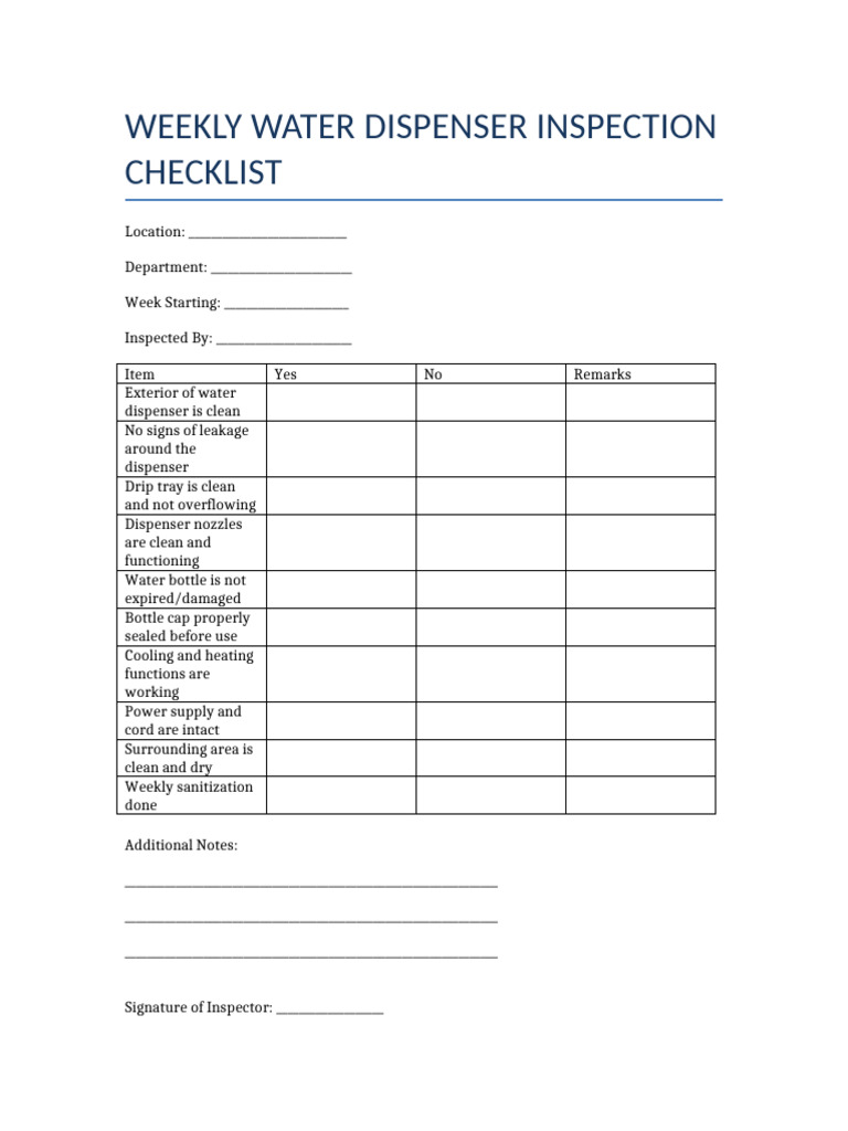 Weekly Water Dispenser Inspection Checklist | PDF