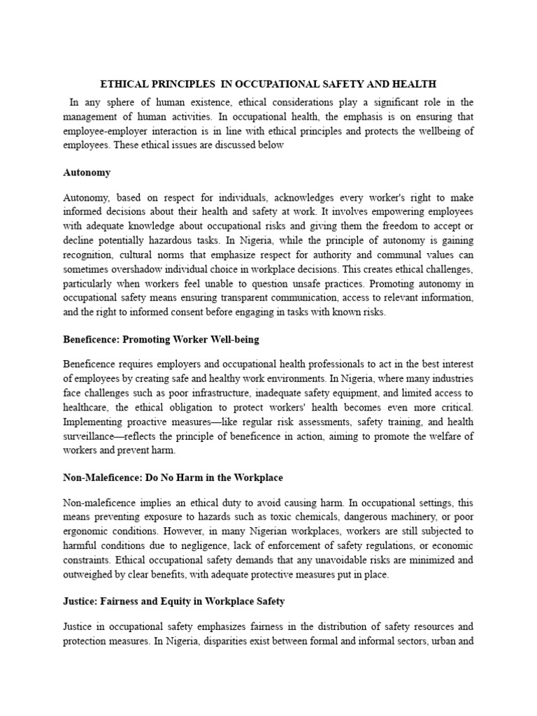 Ethical Principles in Occupational Safety and Health | PDF ...