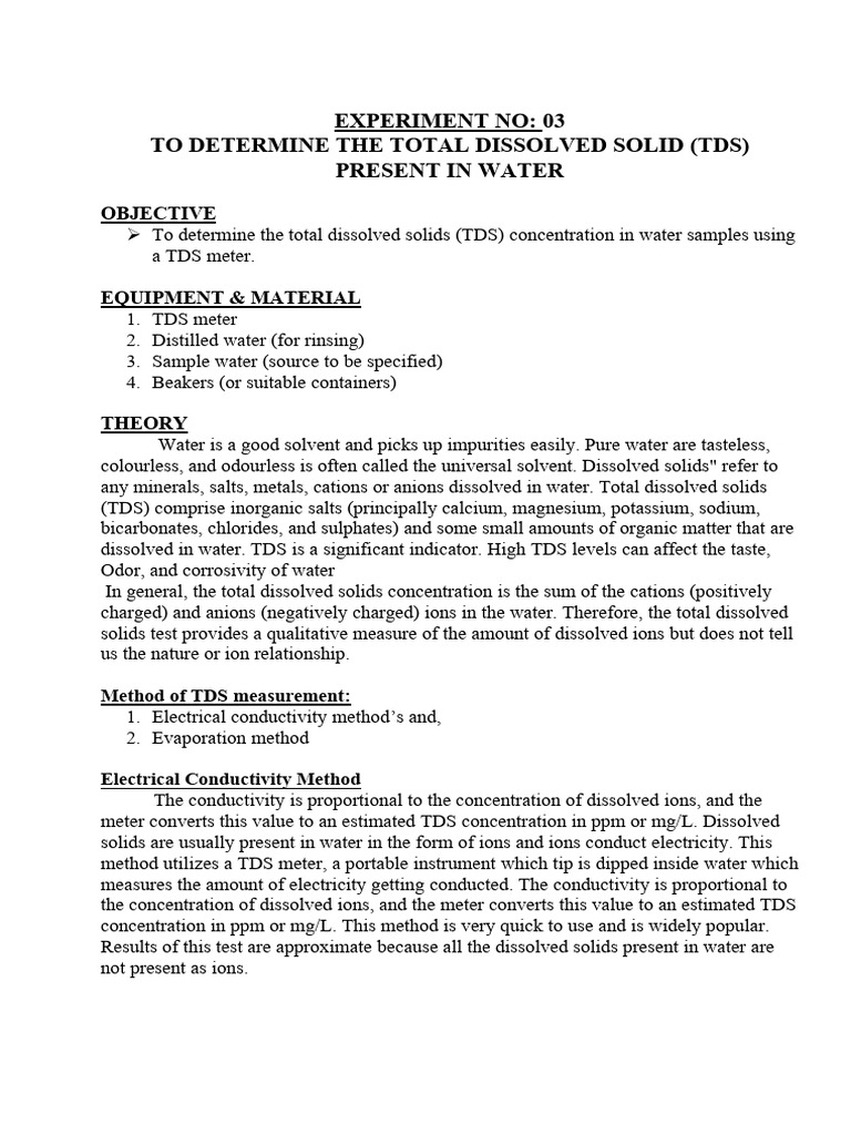 Total Dissolved Solid TDS | PDF | Water | Ion