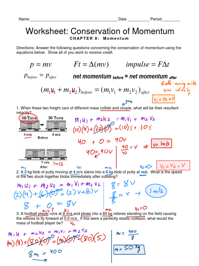 Conservation of Momentum Worksheet | PDF | Collision | Momentum