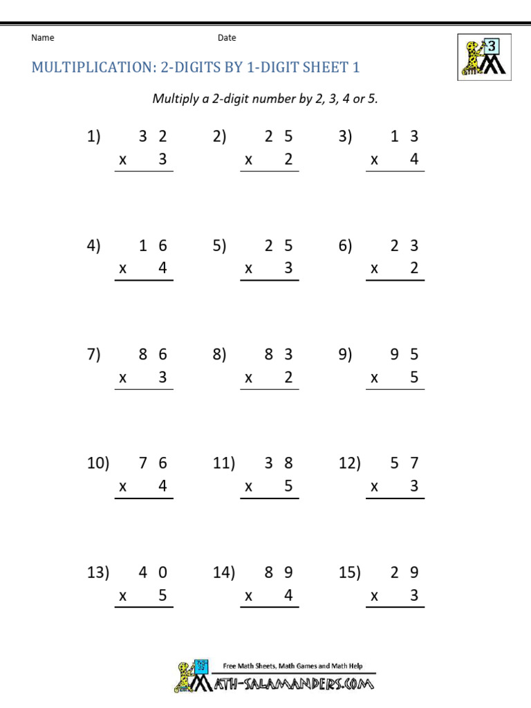 2-Digit by 1-Digit Multiplication Sheet | PDF