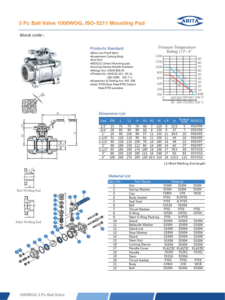 3 PcBall Valve 1000WOG_ISO 5211 Mounting Pad_Stock Code | PDF | Washer ...
