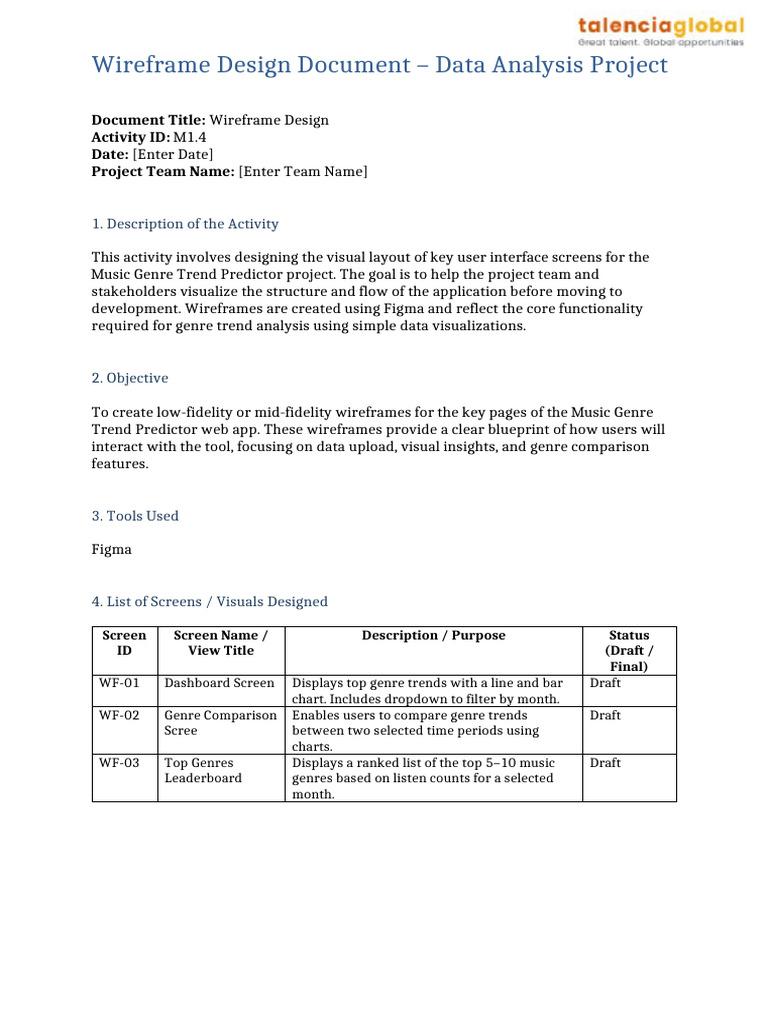 Wireframe Design Document - Data Analysis Project | PDF