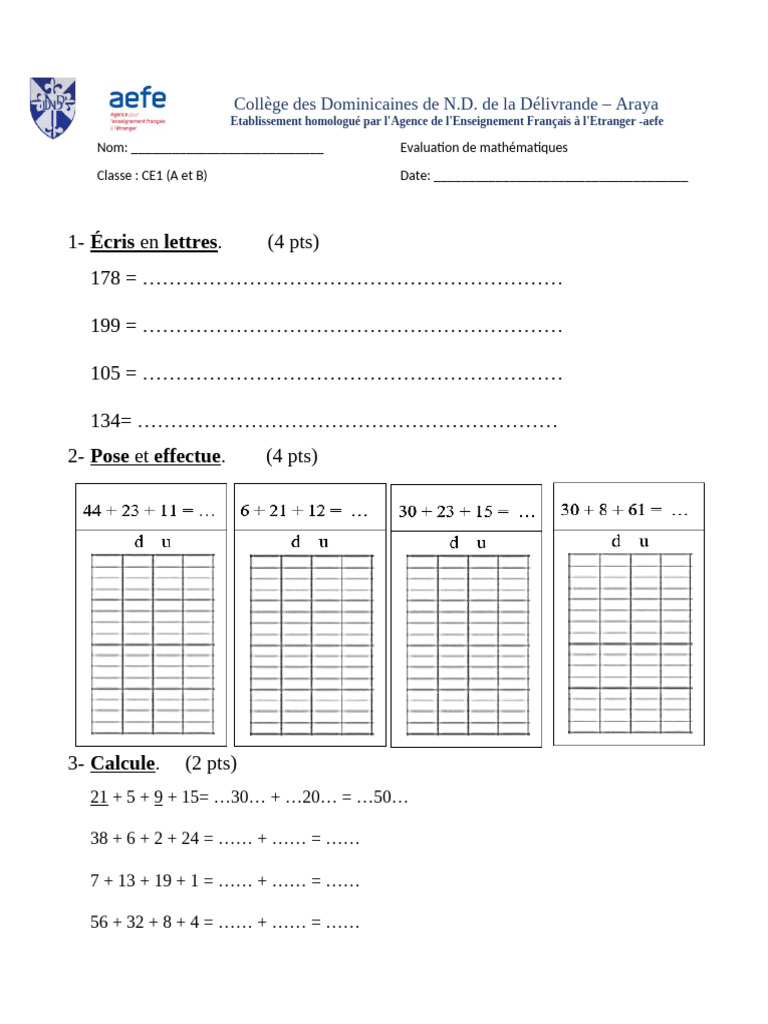 Évaluation de maths CE1 fin d'année | PDF