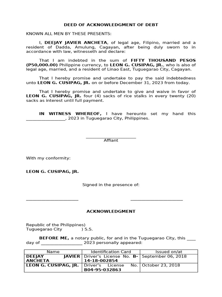 Deed of Akcnowledgment of Debt | PDF