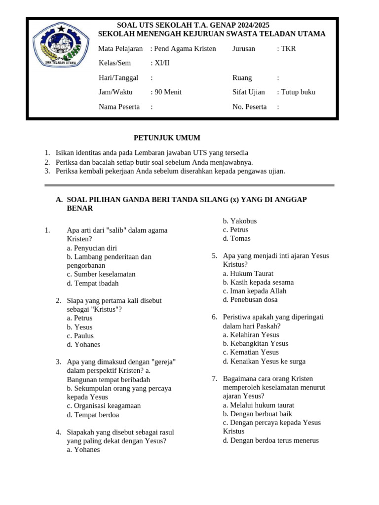 Soal UTS PAK 2024 | PDF