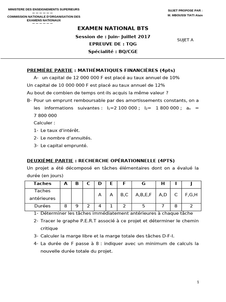 Examen BTS 2017 : Mathématiques et Statistiques | PDF | Prêts ...