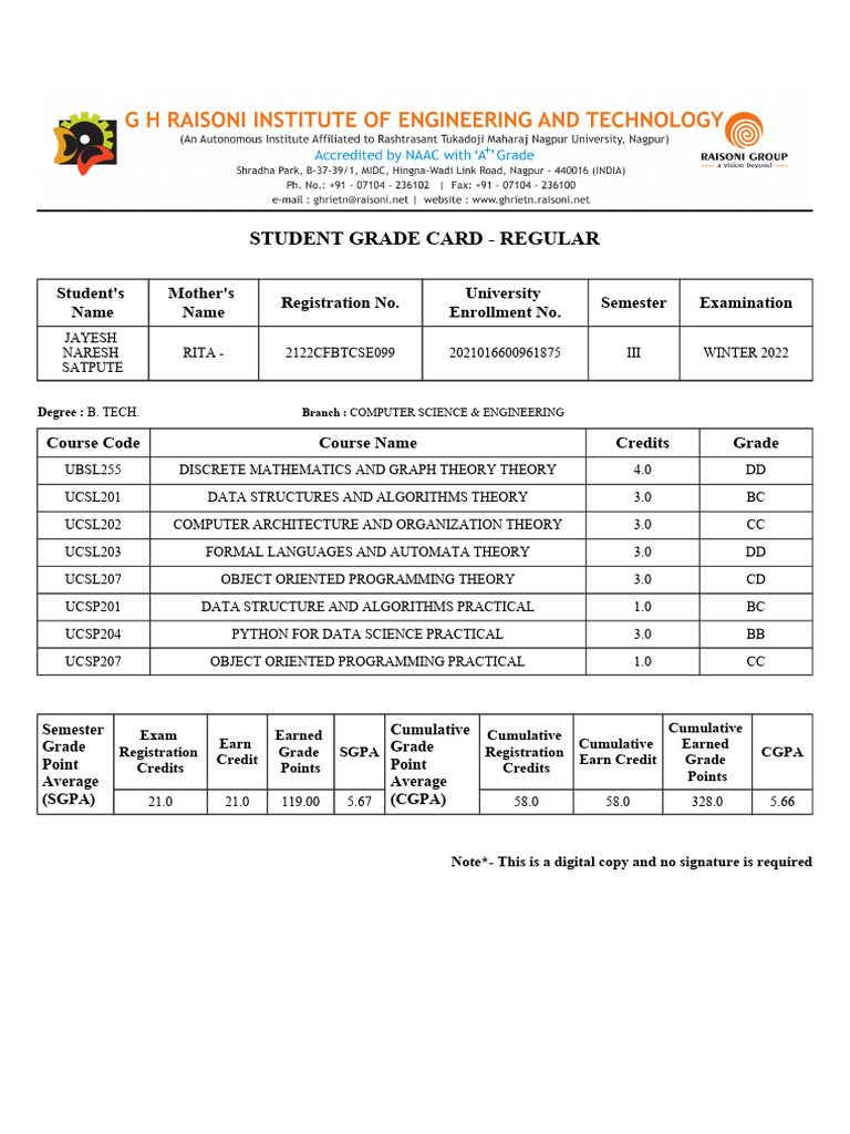 Student Grade Card - B.Tech CSE Winter 2022 | PDF | Theoretical ...