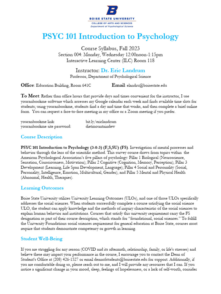 PSYC 101 Sec 004 Fall 2023 Syllabus (08 - 22 - 2023) FINAL PDF | PDF | Academic Dishonesty ...