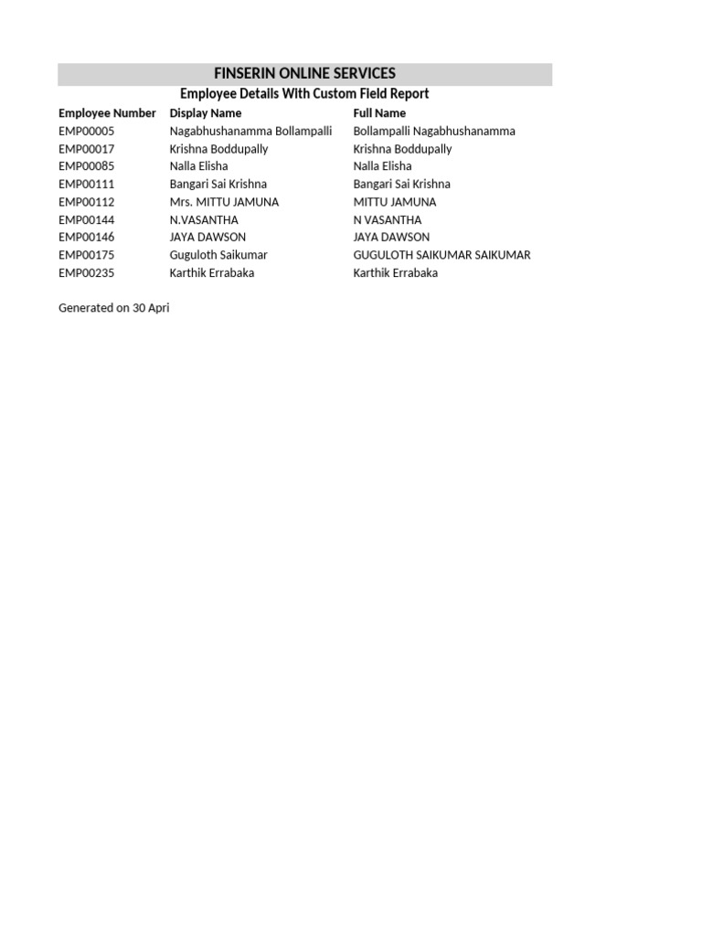 Employee Details With Custom Field Report - FINSERIN ONLINE SERVICES | PDF