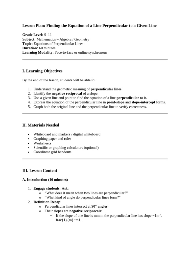Perpendicular Line Equation Lesson Plan | PDF | Line (Geometry) | Slope