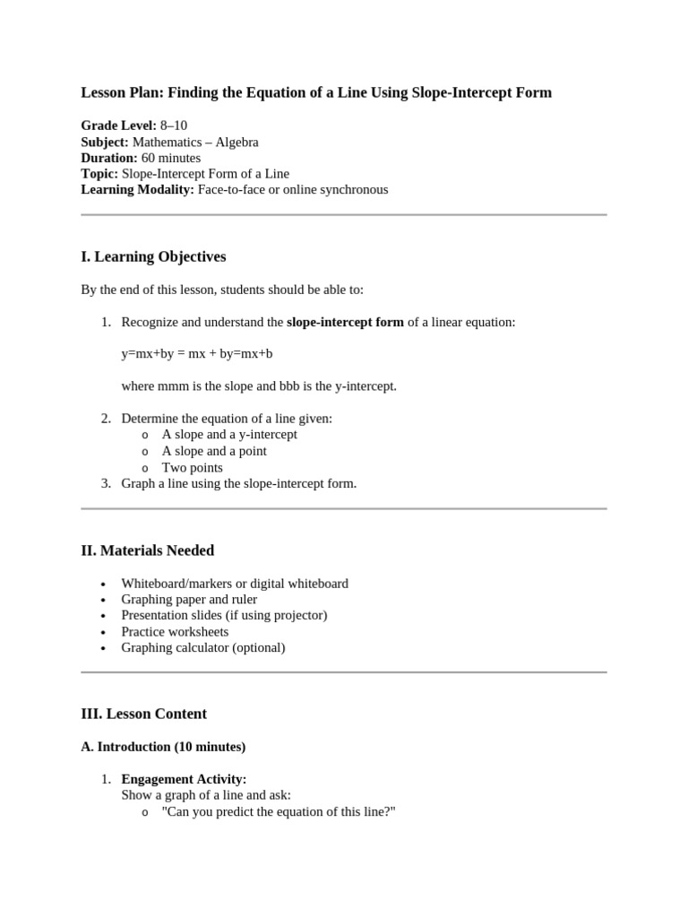 Lesson Plan Finding The Equation of A Line Using Slope-Intercept Form ...