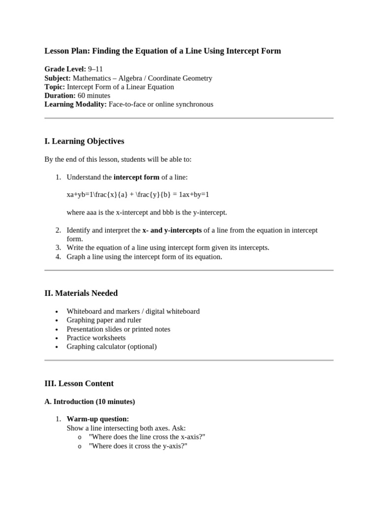 Intercept Form Line Equation Lesson Plan | PDF | Line (Geometry ...