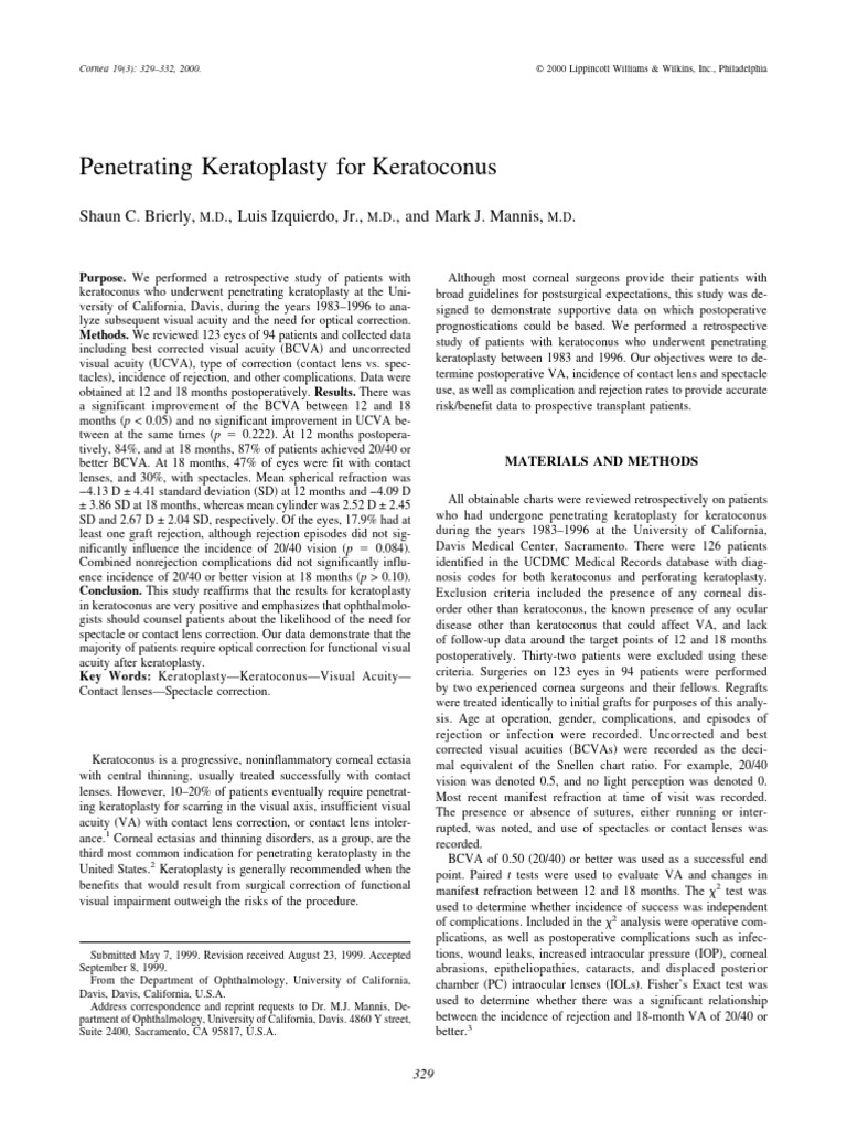 1999 Penetrating Keratoplasty For Keratoconus | PDF | Contact Lens | Medical Specialties