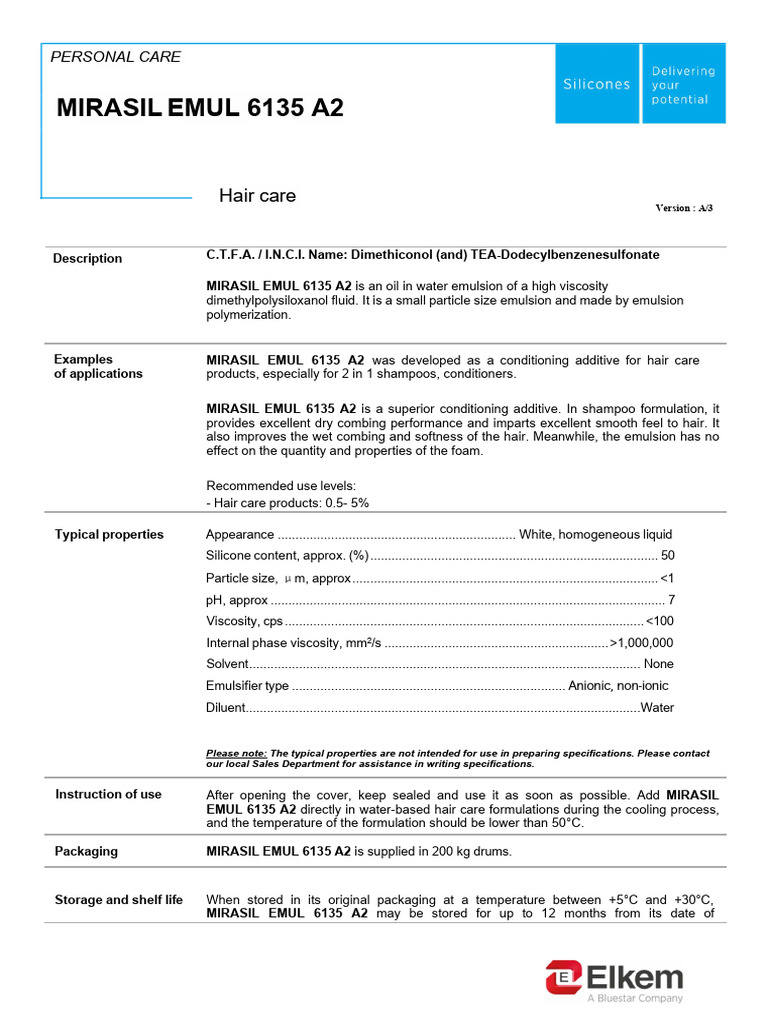 Mirasil EMUL 6135 A2 | PDF | Emulsion | Hair Care