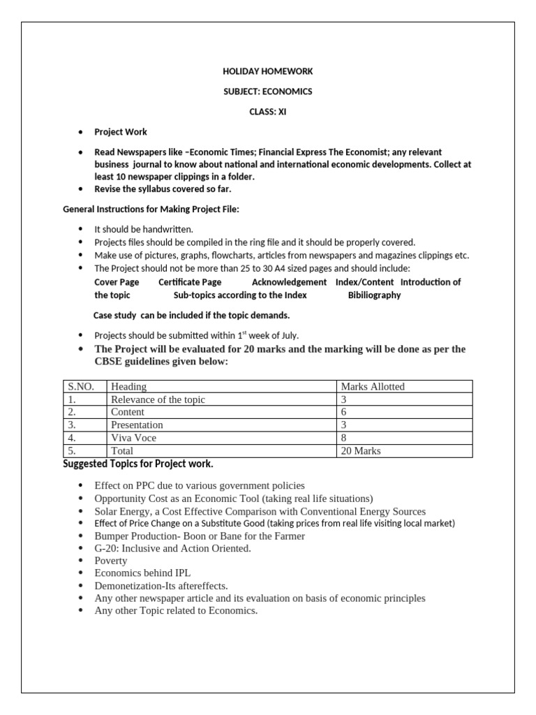 Class Xi Economics Holiday Homework | PDF