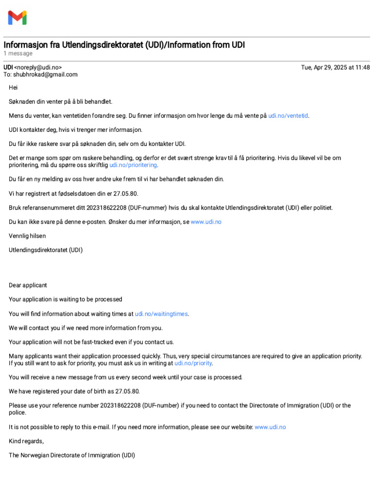 Gmail - Informasjon Fra Utlendingsdirektoratet (UDI) - Information From UDI | PDF