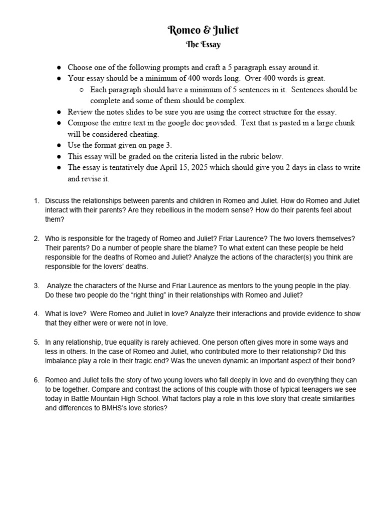 Romeo and Juliet Essay Prompts Guide | PDF | Romeo And Juliet