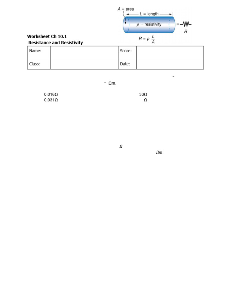 Worksheet Ch 10 Resistance & Resistivity | PDF | Electrical Resistivity And Conductivity | Voltage