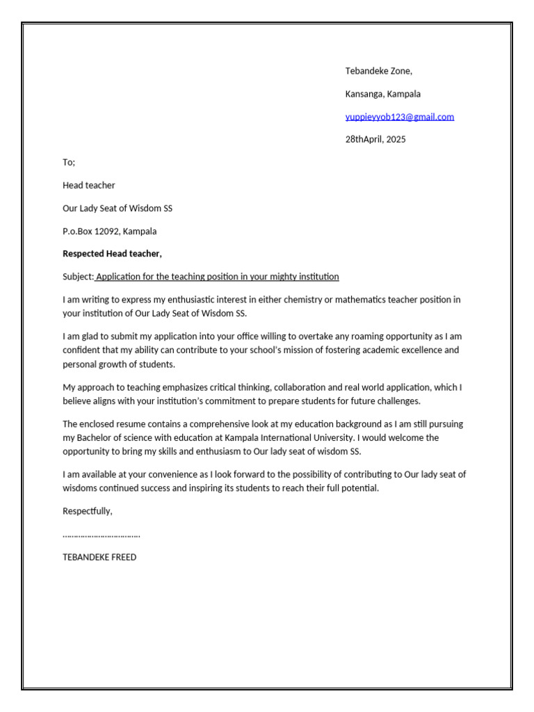 Application for Teaching Position at Our Lady Seat of Wisdom SS | PDF