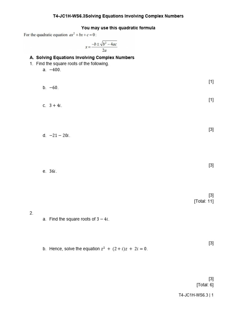T4-JC1H-WS6.3 Solving Equations Involving Complex Numbers | PDF | Quadratic Equation | Equations