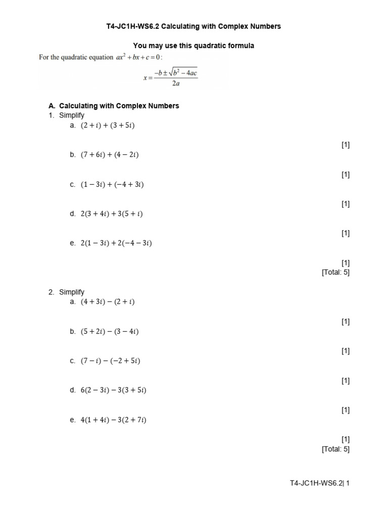 T4-JC1H-WS6.2 Calculating With Complex Numbers | PDF | Quadratic Equation | Equations