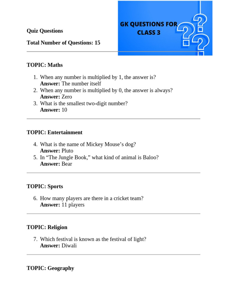 Class 3 Quiz Questions and Answers | PDF