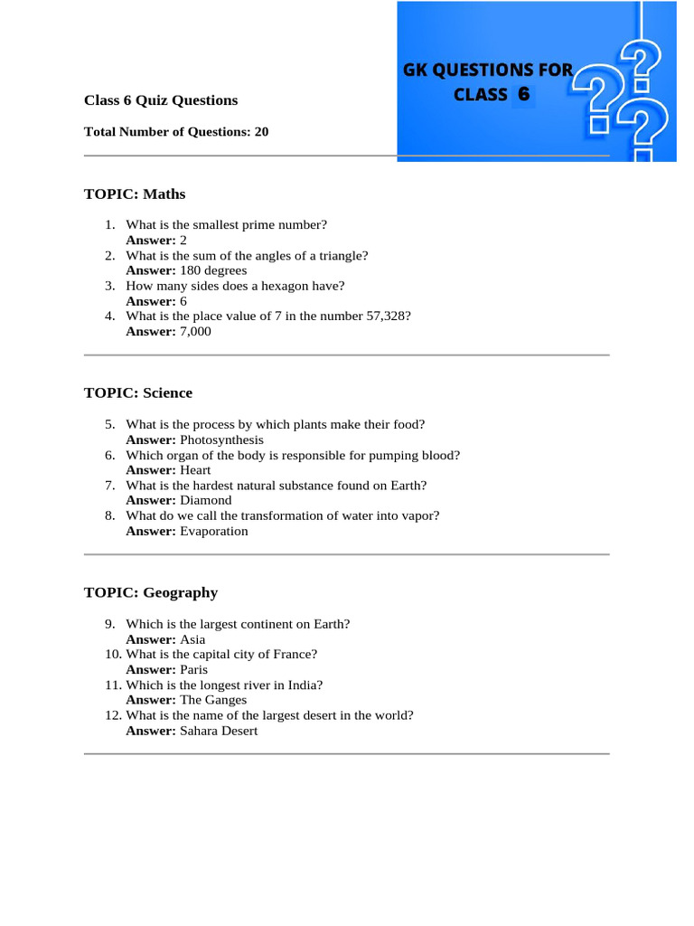 Class 6 Quiz Questions and Answers | PDF