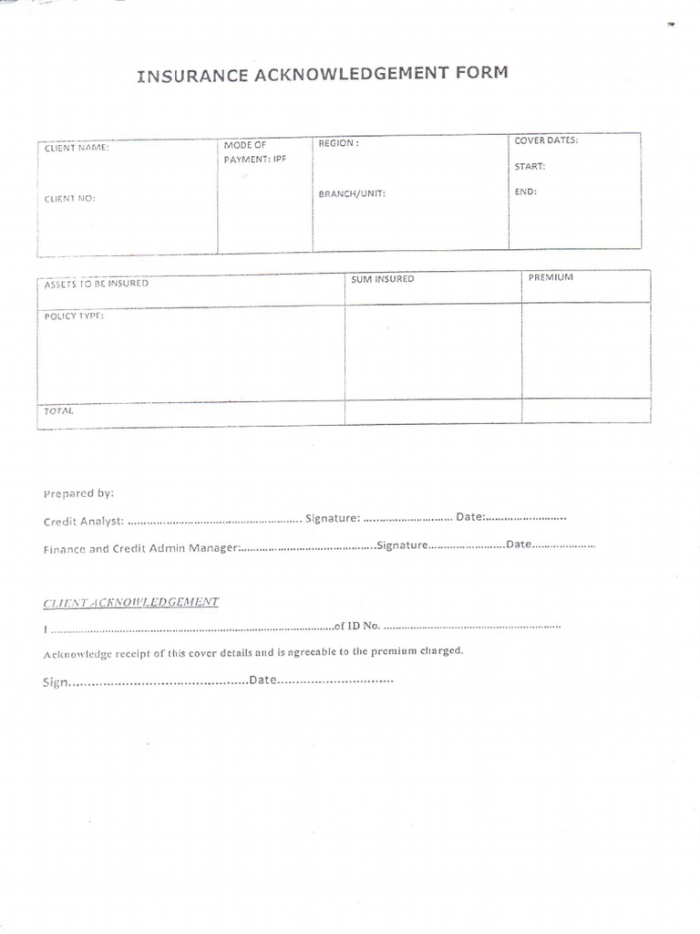 KWFT INSURANCE ACKNOWLEDGEMENT FORM | PDF