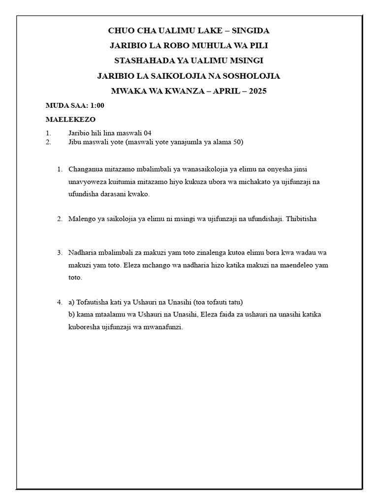 CHUO CHA UALIMU LAKE | PDF