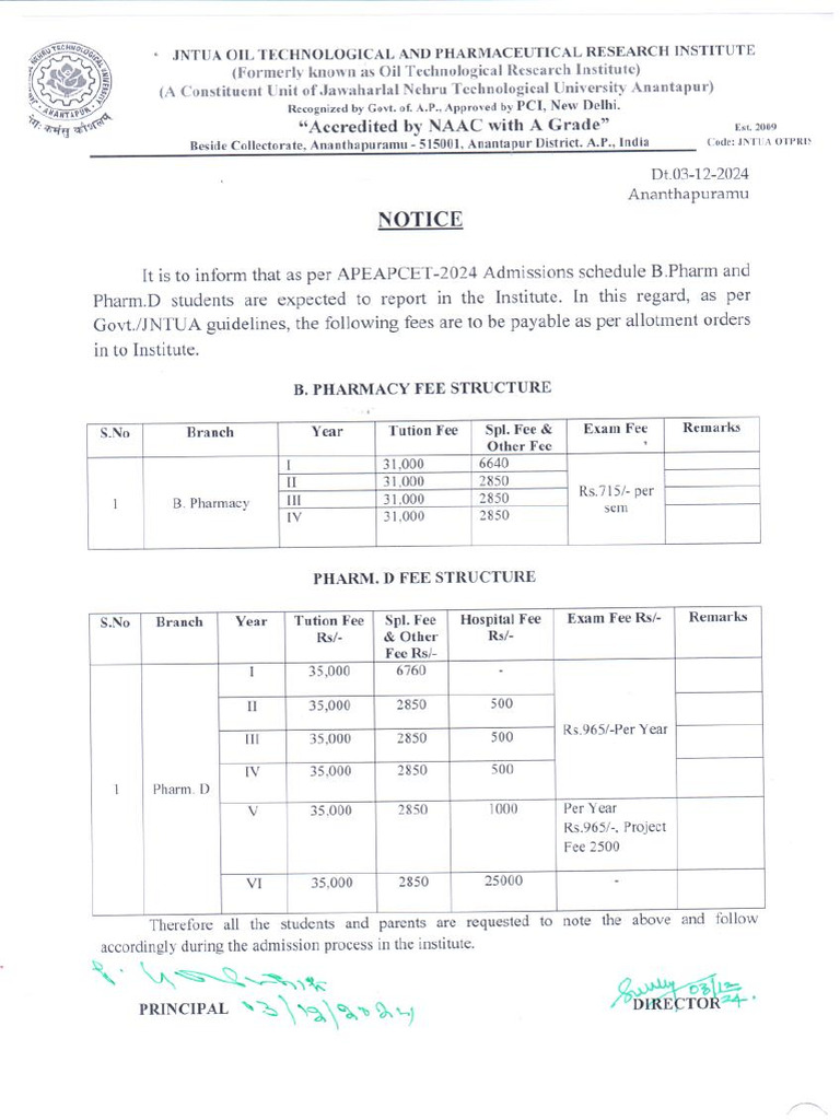 Fee Structure For Admissions 2024 25 | PDF