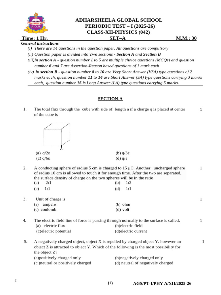PT I XII PHYSICS Set 1 (2025-26) | PDF | Electric Field | Electric Charge