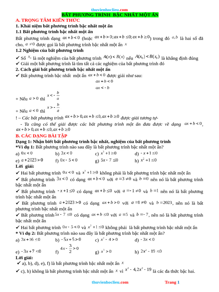 Bai 6 Bat Phuong Trinh Bac Nhat Mot An | PDF