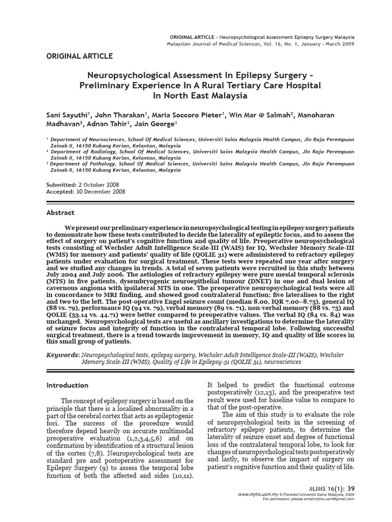 Neuropsychological Assessment in Epilepsy Surgery - Preliminary ...