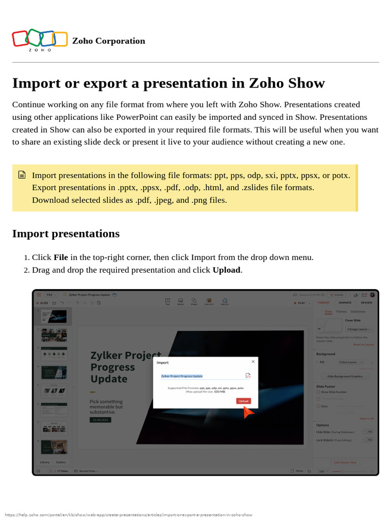 Import or Export A Presentation in Zoho Show | PDF