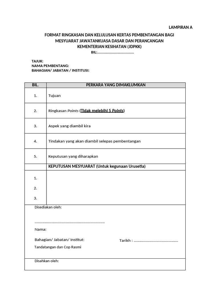 Format Kertas Kerja JDPKK - Lampiran A & B | PDF