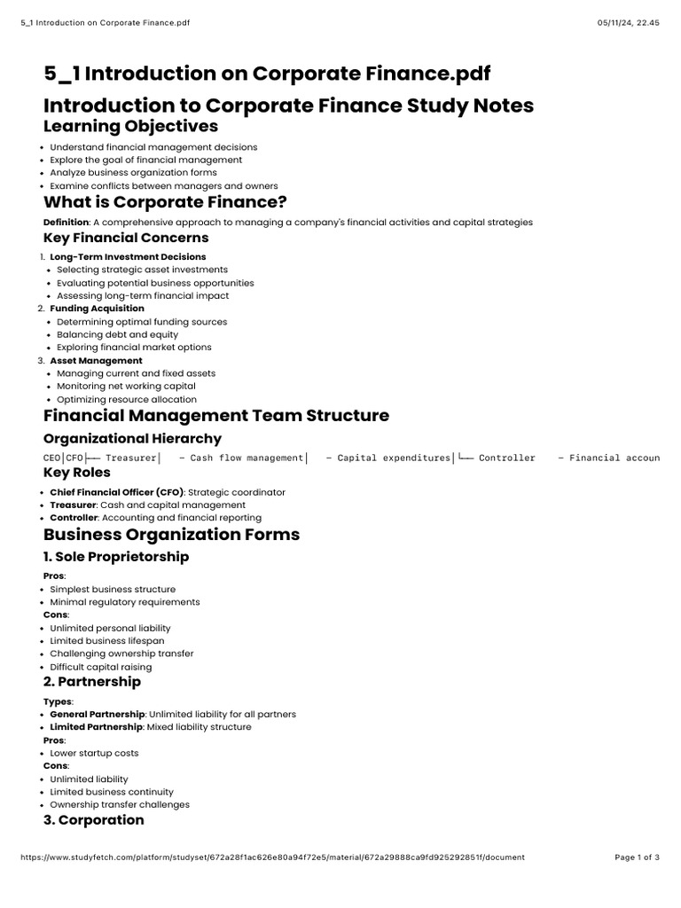 Corporate Finance Study Notes Guide | PDF | Investing | Partnership