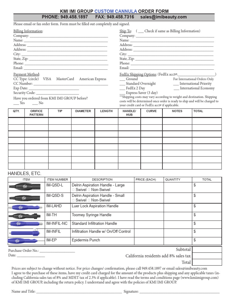 Kmi Imi Group Custom Cannula Order Form | PDF | Credit Card | Payments