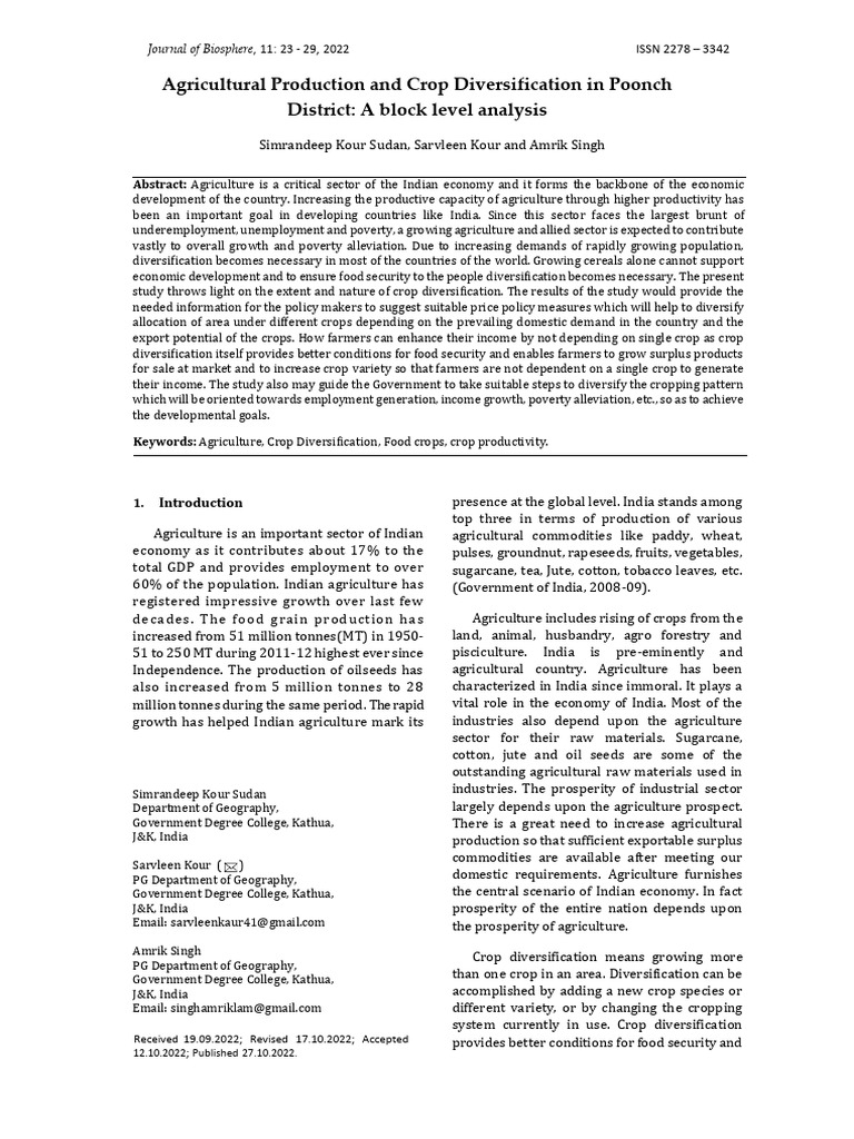 Agricultural Production and Crop Diversification in Poonch | PDF ...