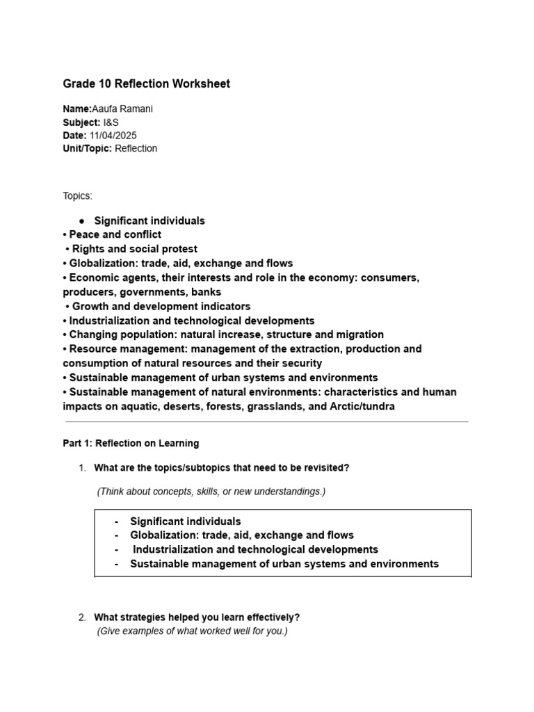 Grade 10 I&S Reflection Worksheet | PDF | Economies | Sustainability