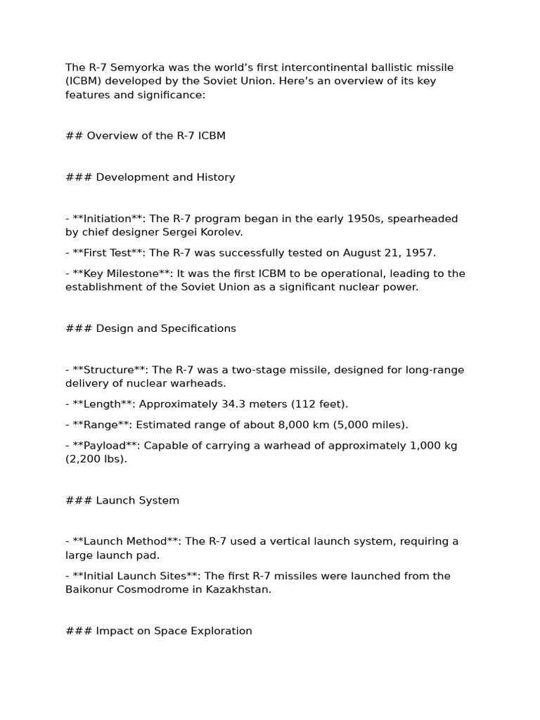 r7 Semyorka Icbm Missile Russ | PDF