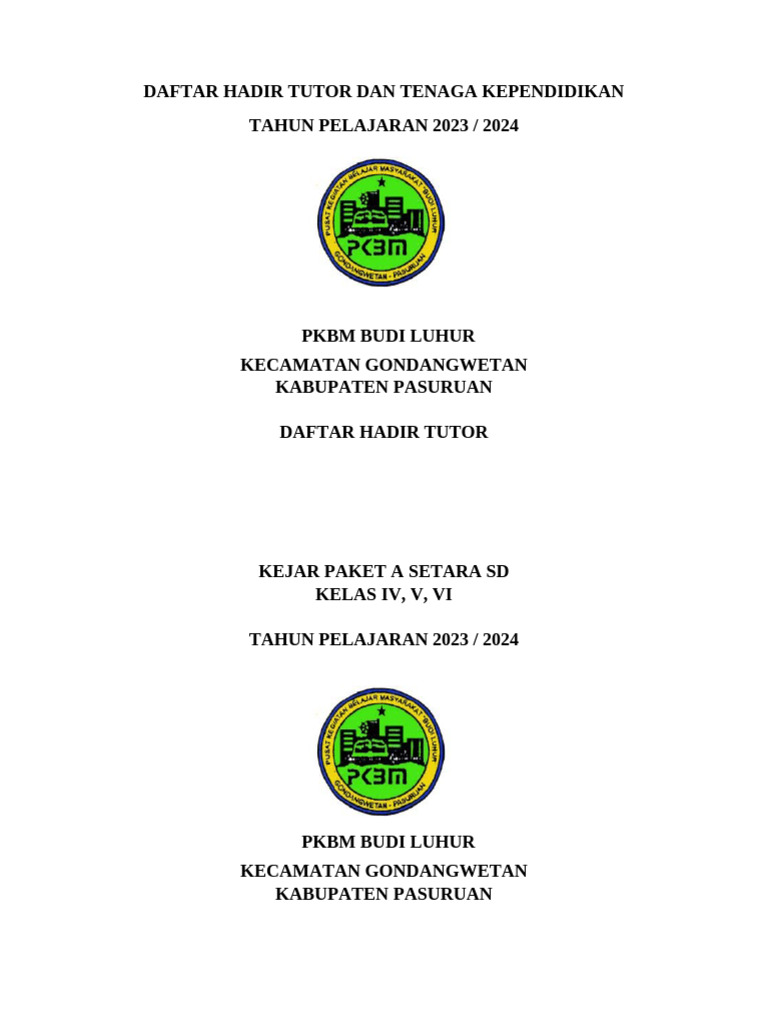 Cover Daftar Hadir Tutor Dan Tenaga Kependidikan | PDF
