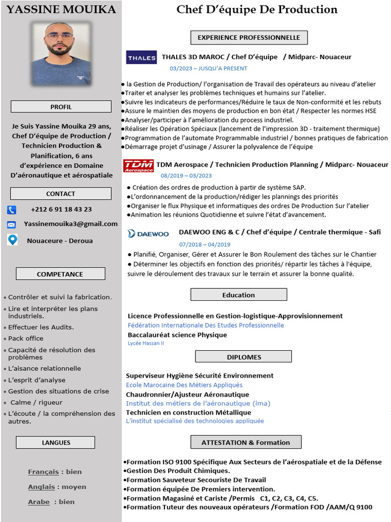 Chef d'Équipe Production Aéronautique | PDF