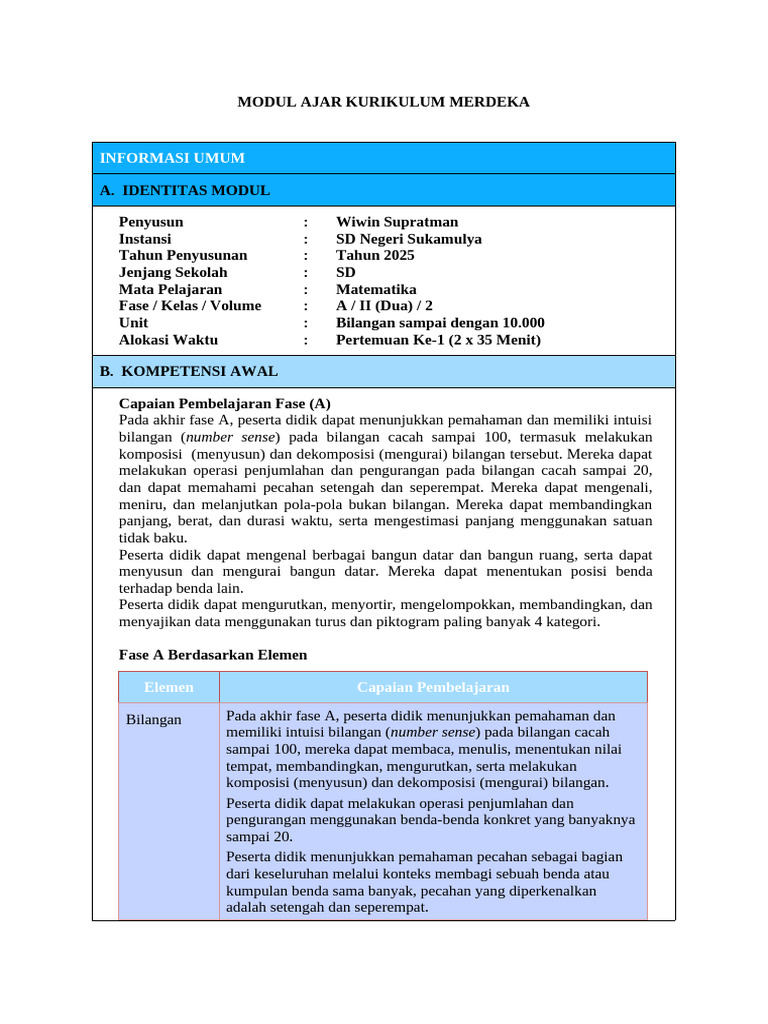 Modul Ajar 1 MTK Kelas 2 Wiwin Supratman | PDF