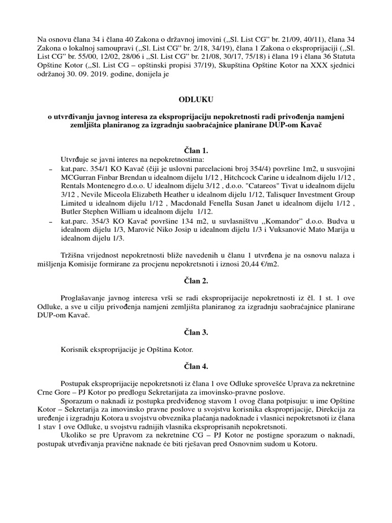 1573118655-4. Odluka o Utvrđivanju Javnog Interesa Za Eksproprijaciju ...