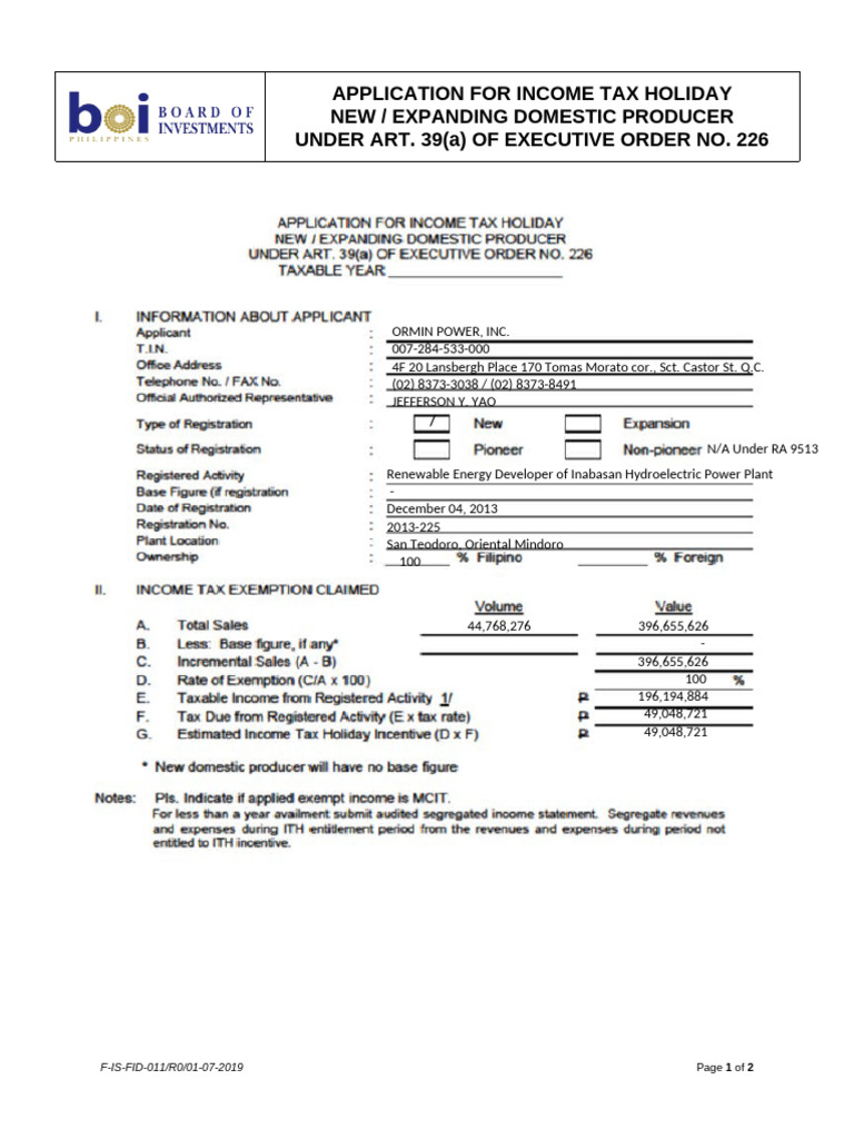 F-Is-Fid-011 - Boi Ith Application Expanding Domestic Producer | PDF